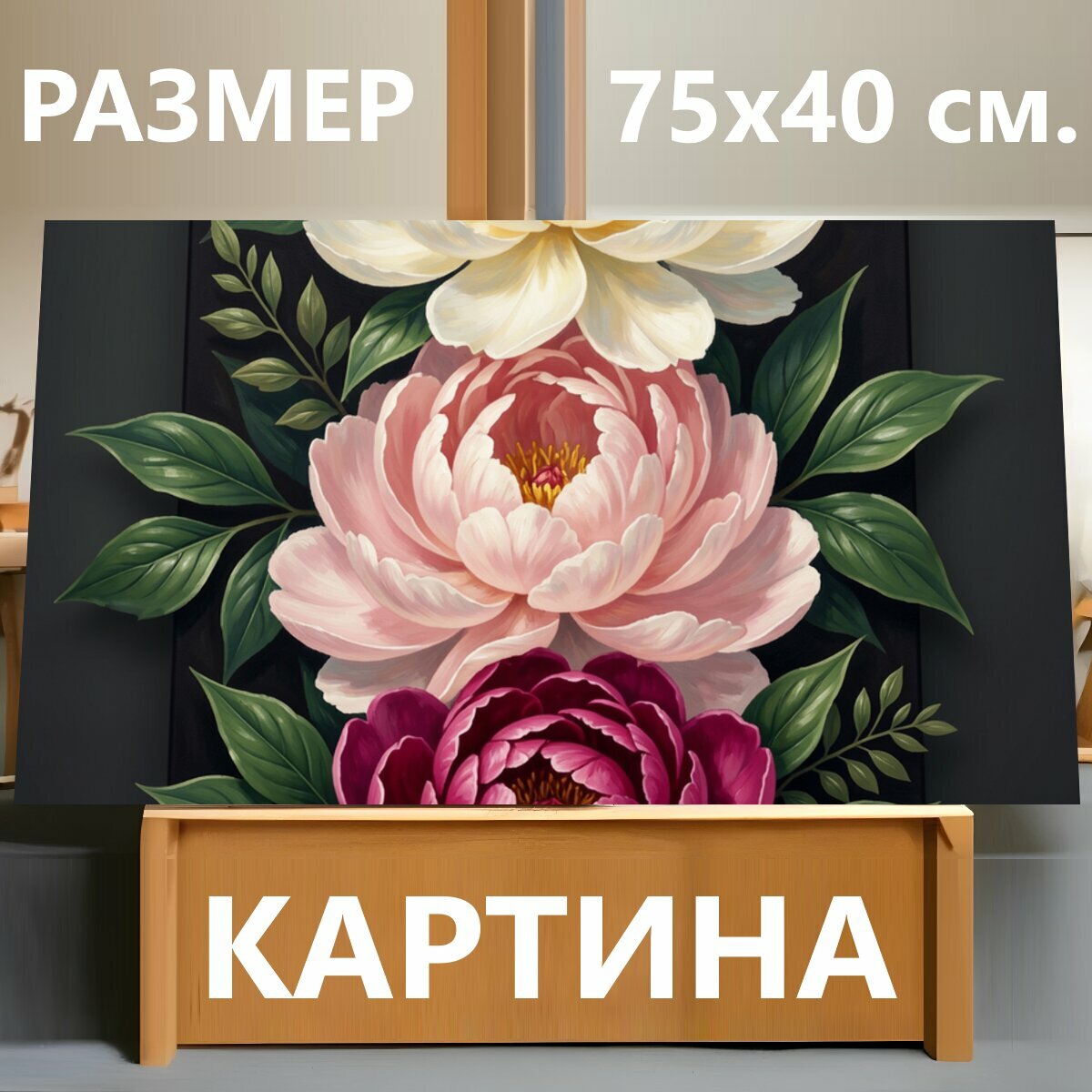 Картина на холсте "Три пиона на темном фоне. Элегантная флоральная композиция с крупными махровыми цветами в кремовых, нежно-розовых и." на подрамнике 75х40 см. для интерьера