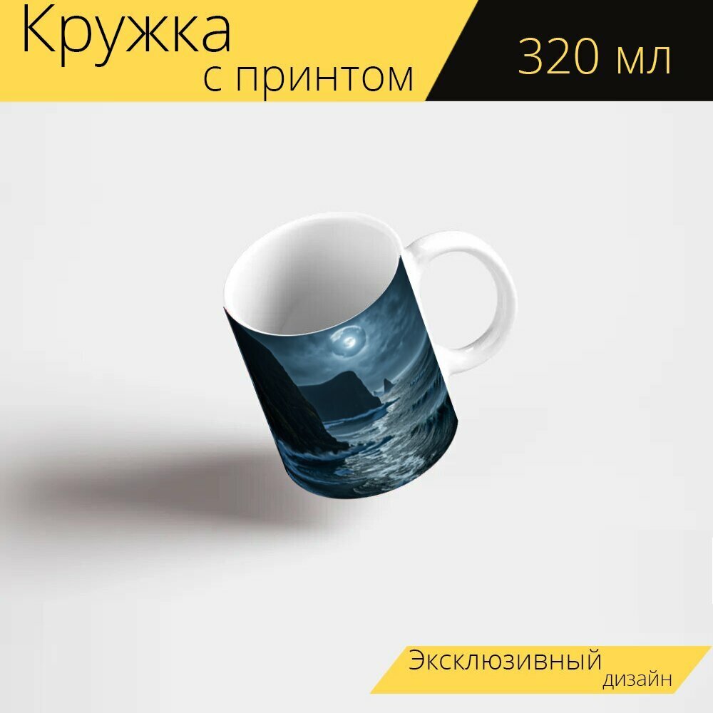 Кружка с рисунком, принтом "Море в стиле готический, с темными крутыми утесами, огибаемыми бурлящими волнами и отражениями света луны" 320 мл.