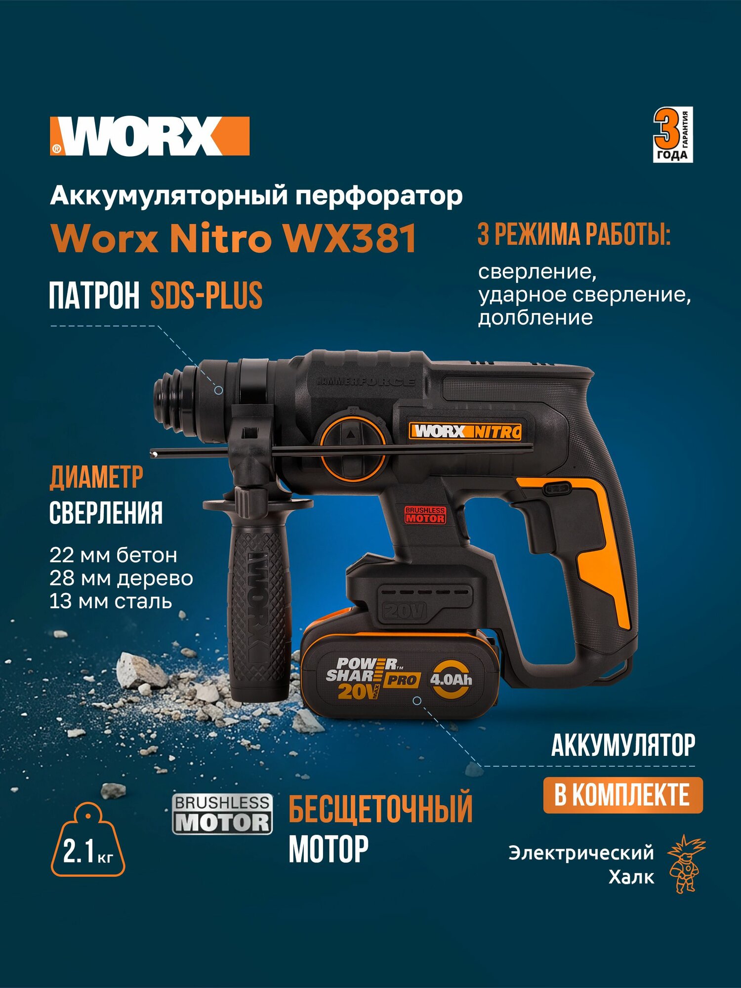 Аккумуляторный перфоратор с бесщеточным мотором Worx Nitro WX381, 20 В, АКБ 4Ач + ЗУ 2А, кейс