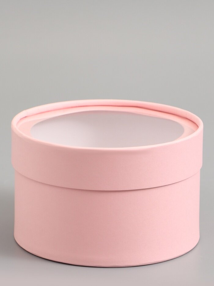 Подарочная коробка круглая, розовая, завальцованная с окном, 16×11 см