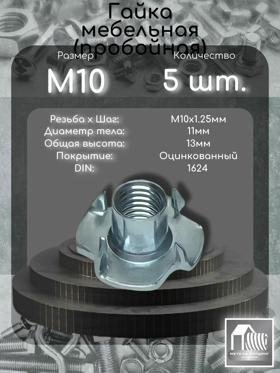 Гайка М10 мебельная врезная (пробойная, усовая) DIN1624, оцинкованная, 5 шт.
