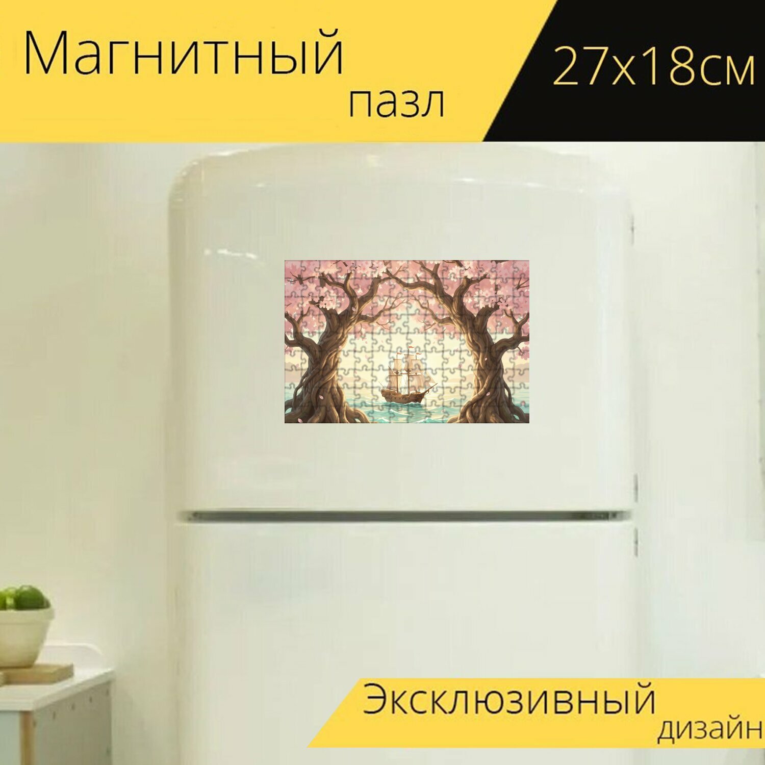 Магнитный пазл "Сказочный корабль среди цветущих деревьев. Романтичная морская сцена в нежных пастельных тонах: парусник на спокойной воде, розовые." на холодильник 27 x 18 см.