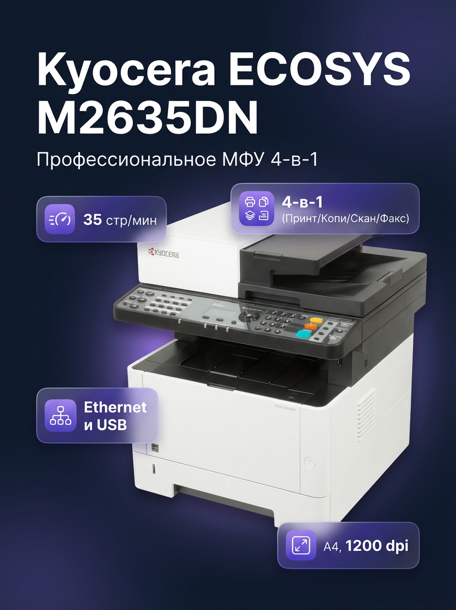 Kyocera M2635DN (А4, P/C/S/F, 35 стр/мин, 512 Mb, USB 2.0, Ethernet, 50-sheet reversing DP std, 1200
