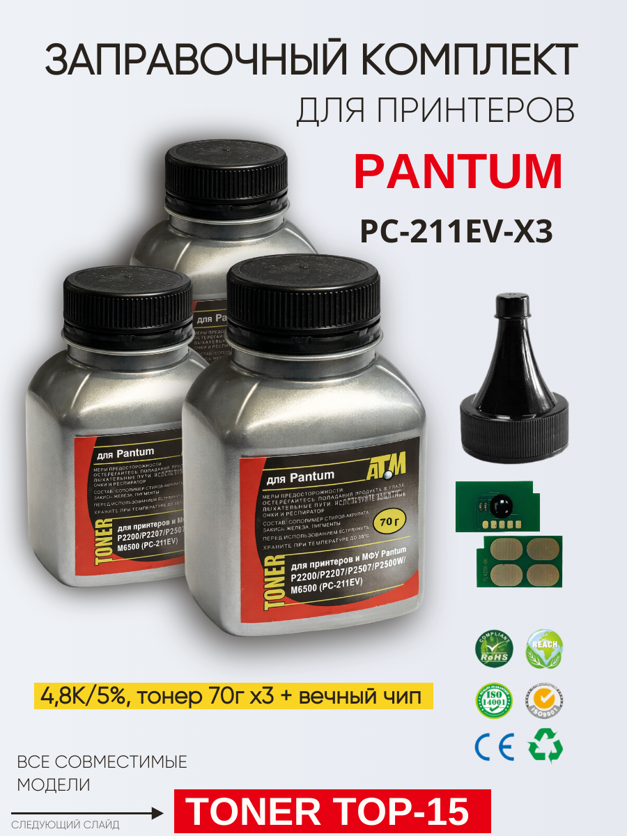 Заправочный комплект для Pantum PC-211RB (1.6Kх3, тонер 70 г х 3шт. + чип (автосброс)+ воронка) АТМ