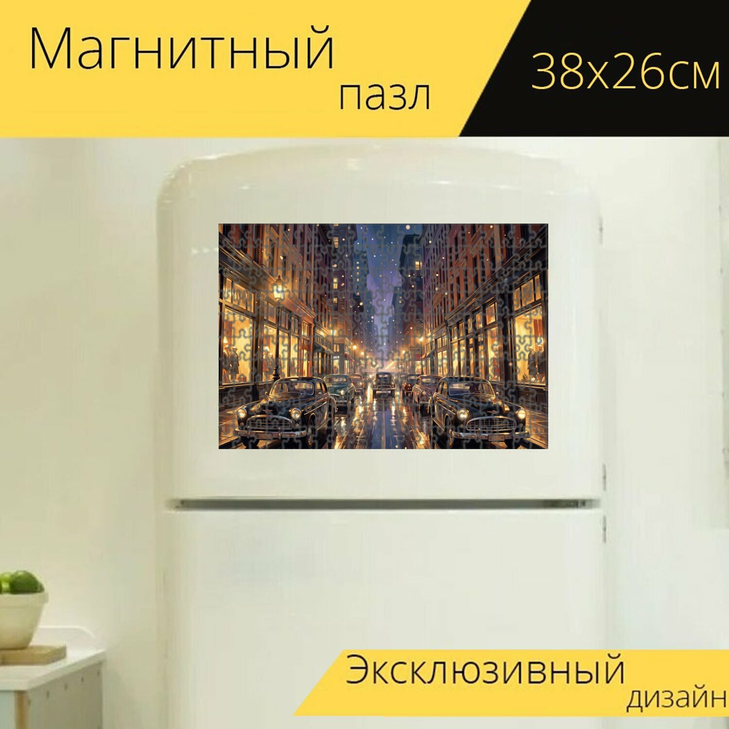 Магнитный пазл "Ночной город с ретро-авто. Узкая городская улица в огнях витрин, старинные машины на мокром асфальте, отражения света и снежные искры." для интерьера, 38х26 см.