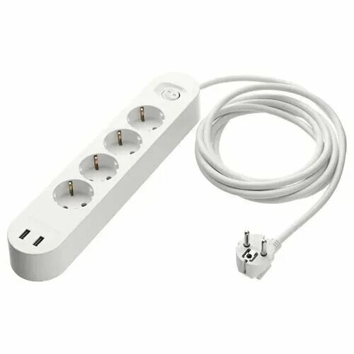 IKEA KOPPLA удлинитель на 4 розетки с 2 USB-портами, белый, 3 м