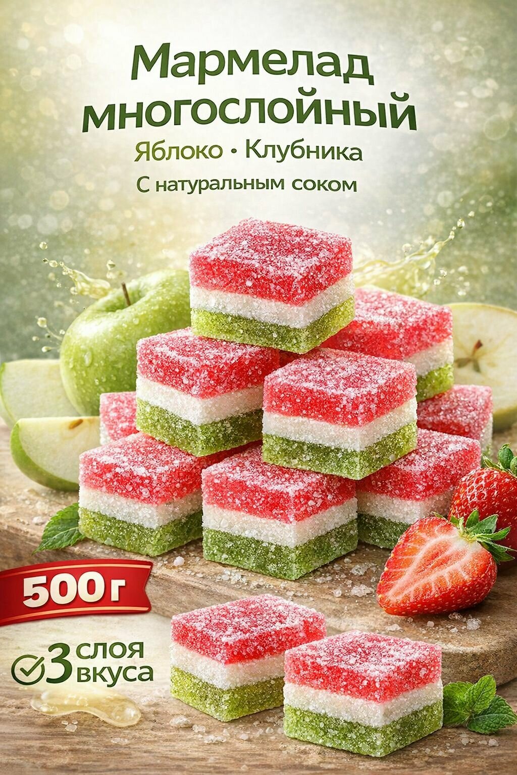Мармелад желейный многослойный 500 г, яблоко клубника, фруктовый мармелад с натуральным соком