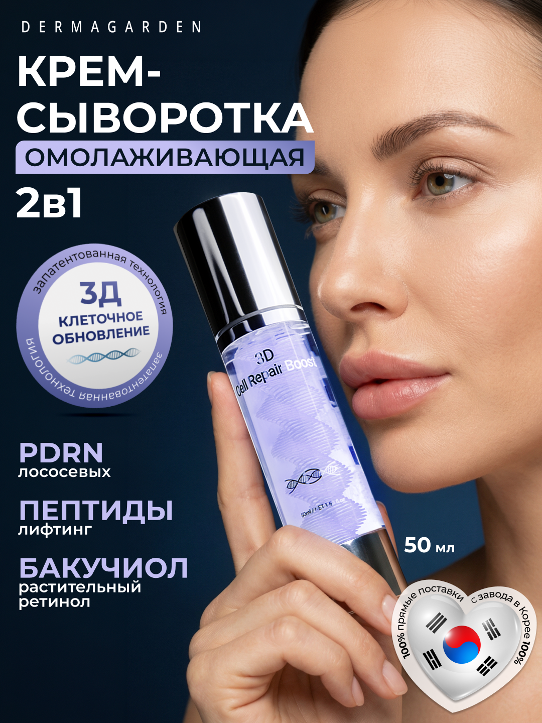 DERMAGARDEN 2в1 Крем-сыворотка для лица антивозрастная с PDRN, EGF и ретинолом Бакучиол 3D CELL REPAIR BOOST 50мл