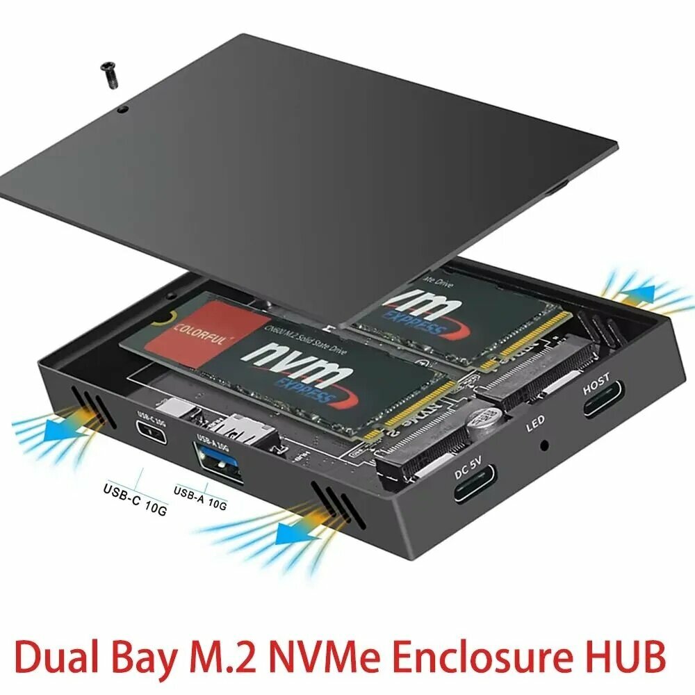 Док-станция для двух отсеков для M.2 NVMe SSD, корпус для SSD, USB 3.2 Gen2 10 Гбит/с, USB-концентратор Type-C для NVMe SSD M2 2230 2242 2260 2280.