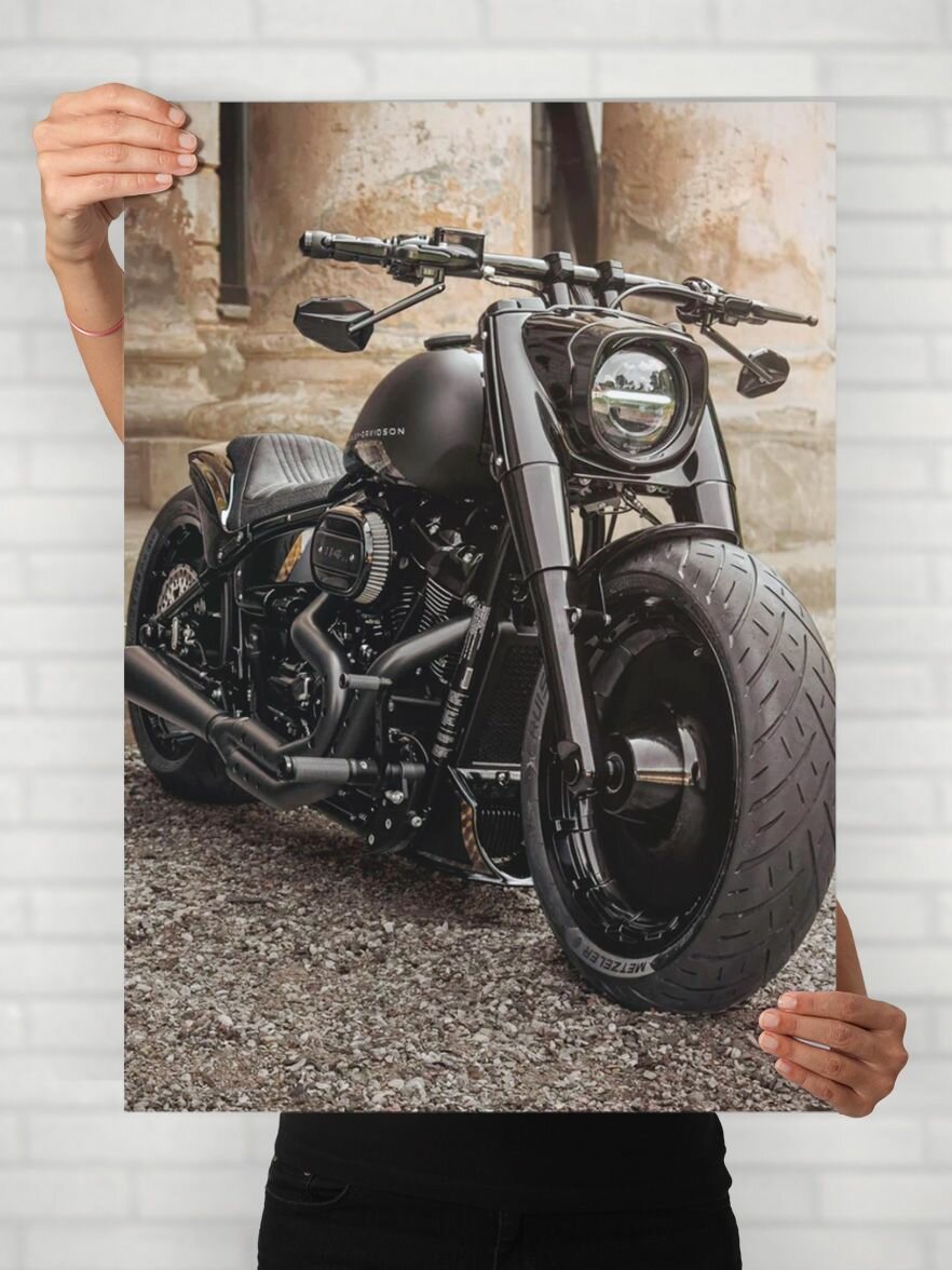 Плакат на стену для интерьера Мотоцикл (Harley-Davidson Softail Slim Custom) - Постер по мото и байкам формата A2 (42x61 см)
