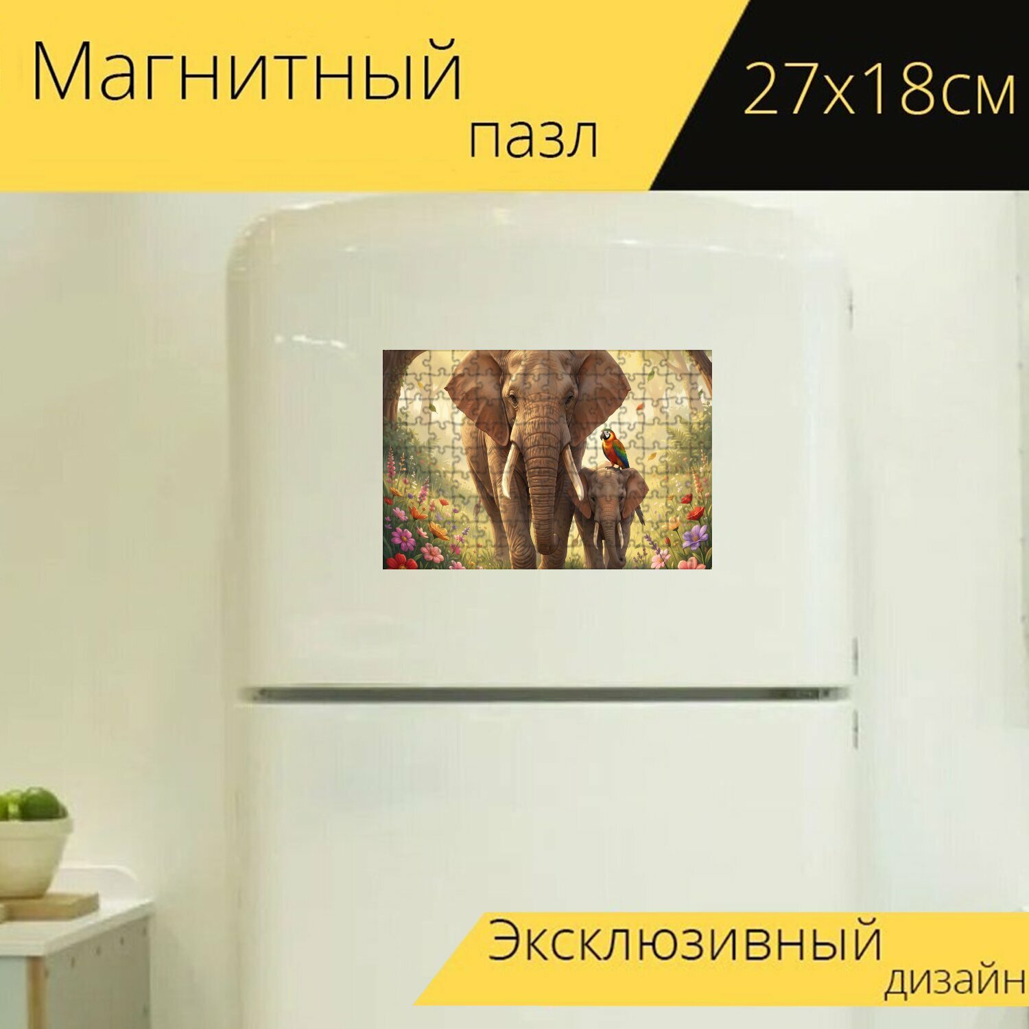 Магнитный пазл "Слон и слоненок в лесу. Тропическая иллюстрация с парой африканских гигантов среди цветущей поляны, ярким попугаем, солнечным светом." на холодильник 27 x 18 см.
