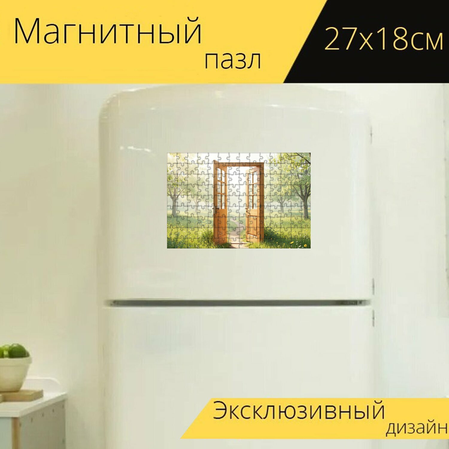 Магнитный пазл "Открытая дверь в весенний сад. Сказочный лесной пейзаж с распахнутыми деревянными створками, тропинкой среди зелени, луговыми цветами и." на холодильник 27 x 18 см.