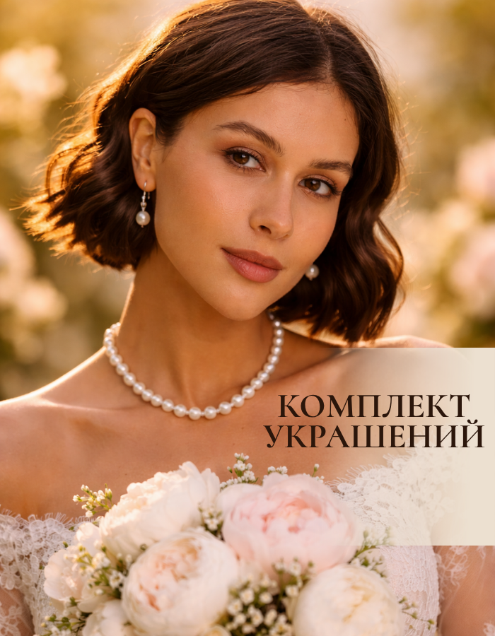 Комплект бижутерии: браслет, колье, серьги, жемчуг имитация