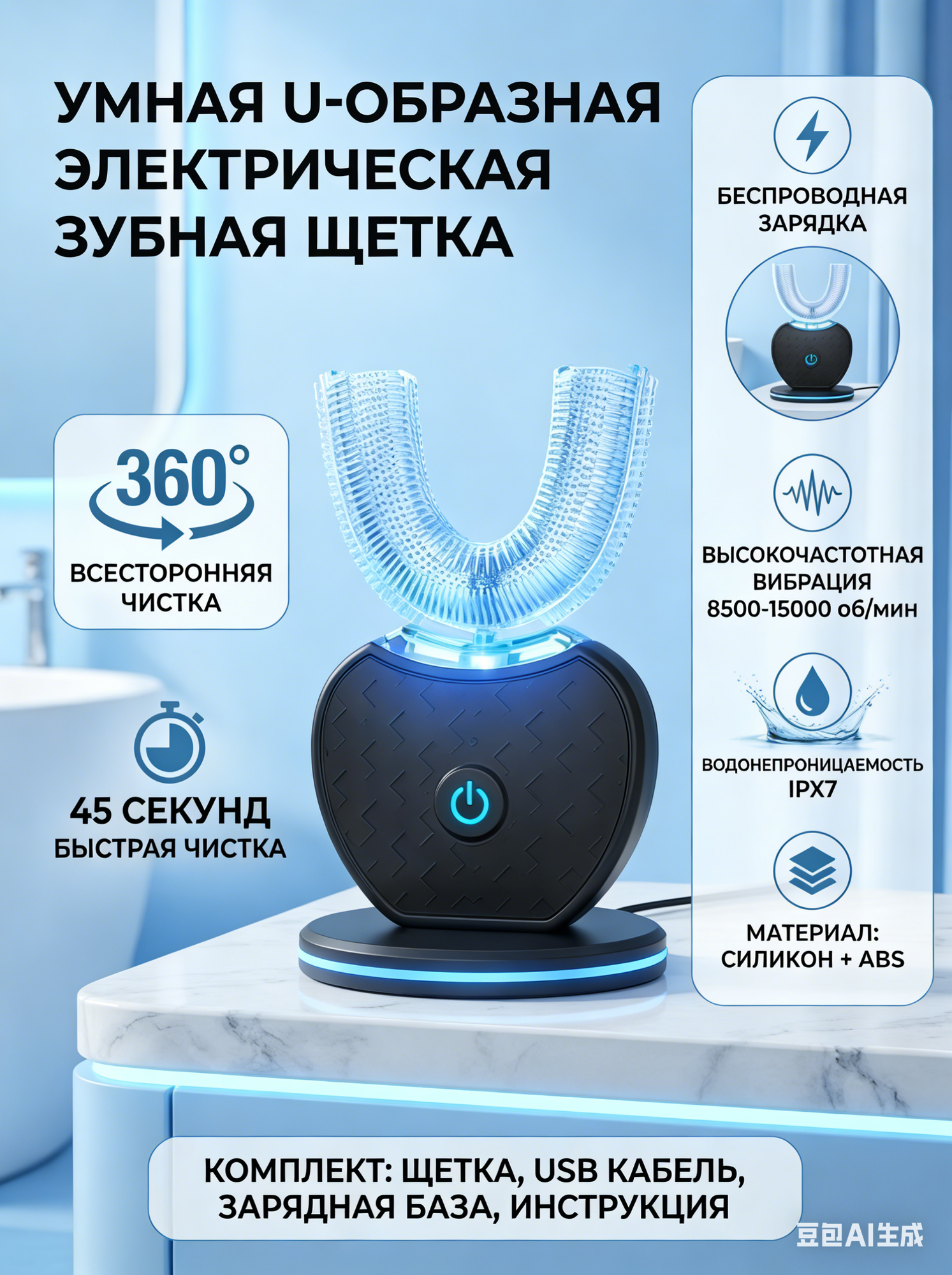 Умная U-образная электрическая зубная щетка 360 Ультразвуковая капа для чистки зубов, IPX7