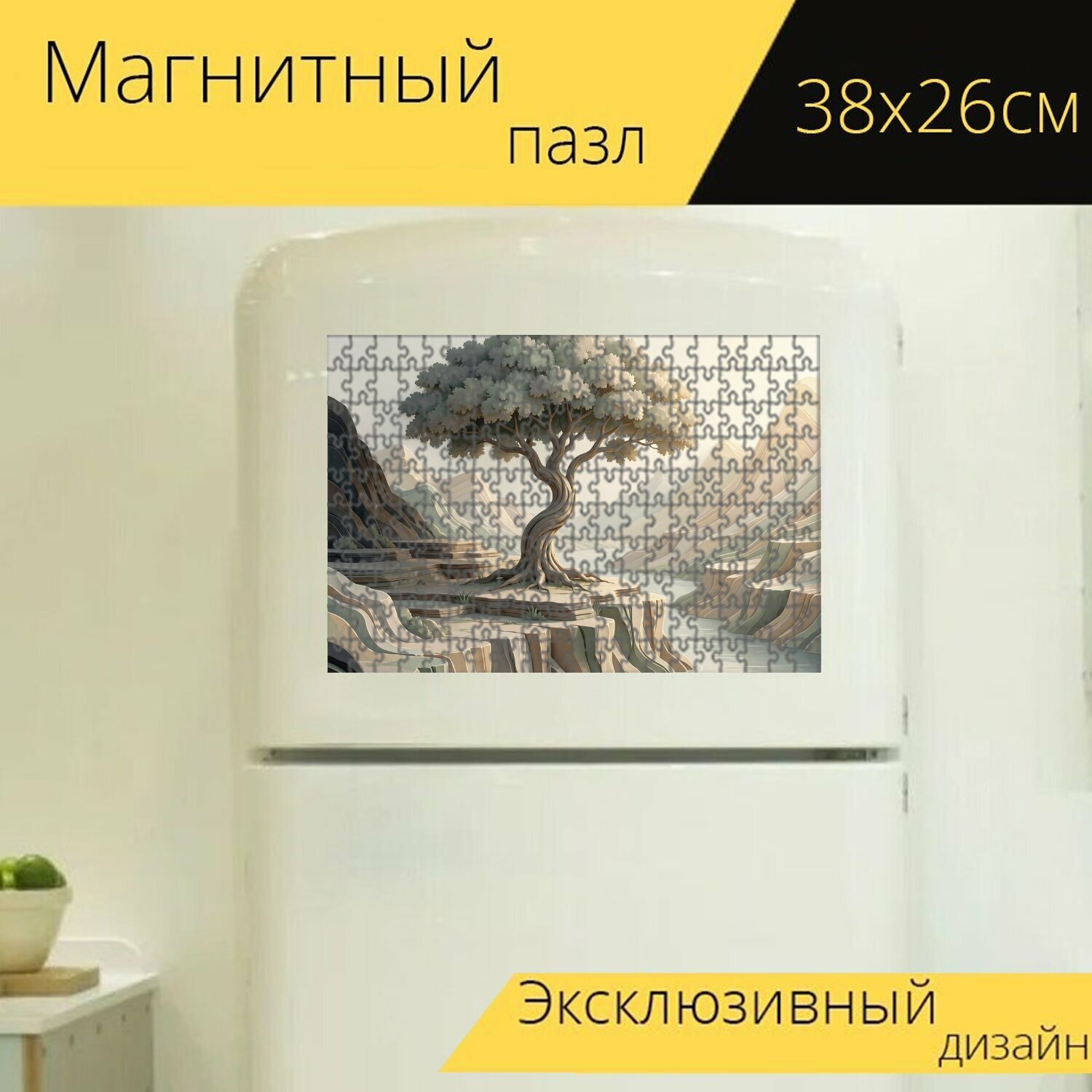 Магнитный пазл "Дерево на скале у реки. Сказочный бумажный пейзаж с извилистым стволом над водной гладью, слоистыми горами и каньоном. Бежевые, кремовые." для интерьера, 38х26 см.