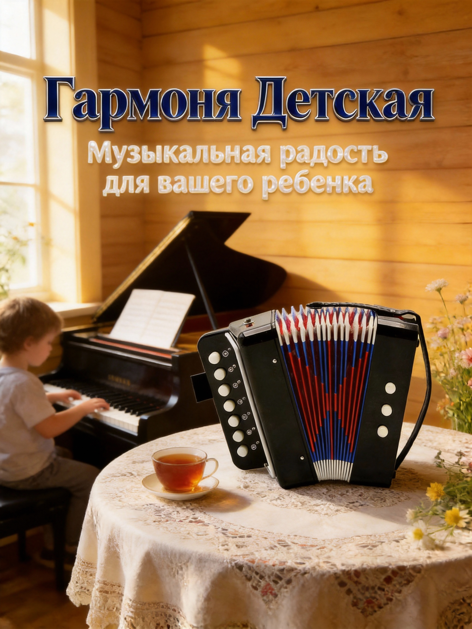Детский аккордеон для обучения музыке и развития моторики, компактный размер, 14 круглых кнопок и водонепроницаемая холщовая лямка