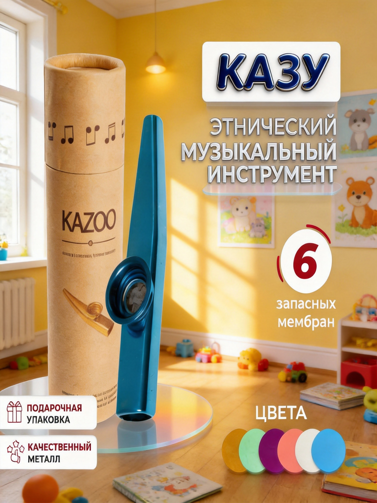 Казу, духовой музыкальный инструмент из металла золотого цвета, размер около 12 см — компактный подарок для детей и любителей музыки
