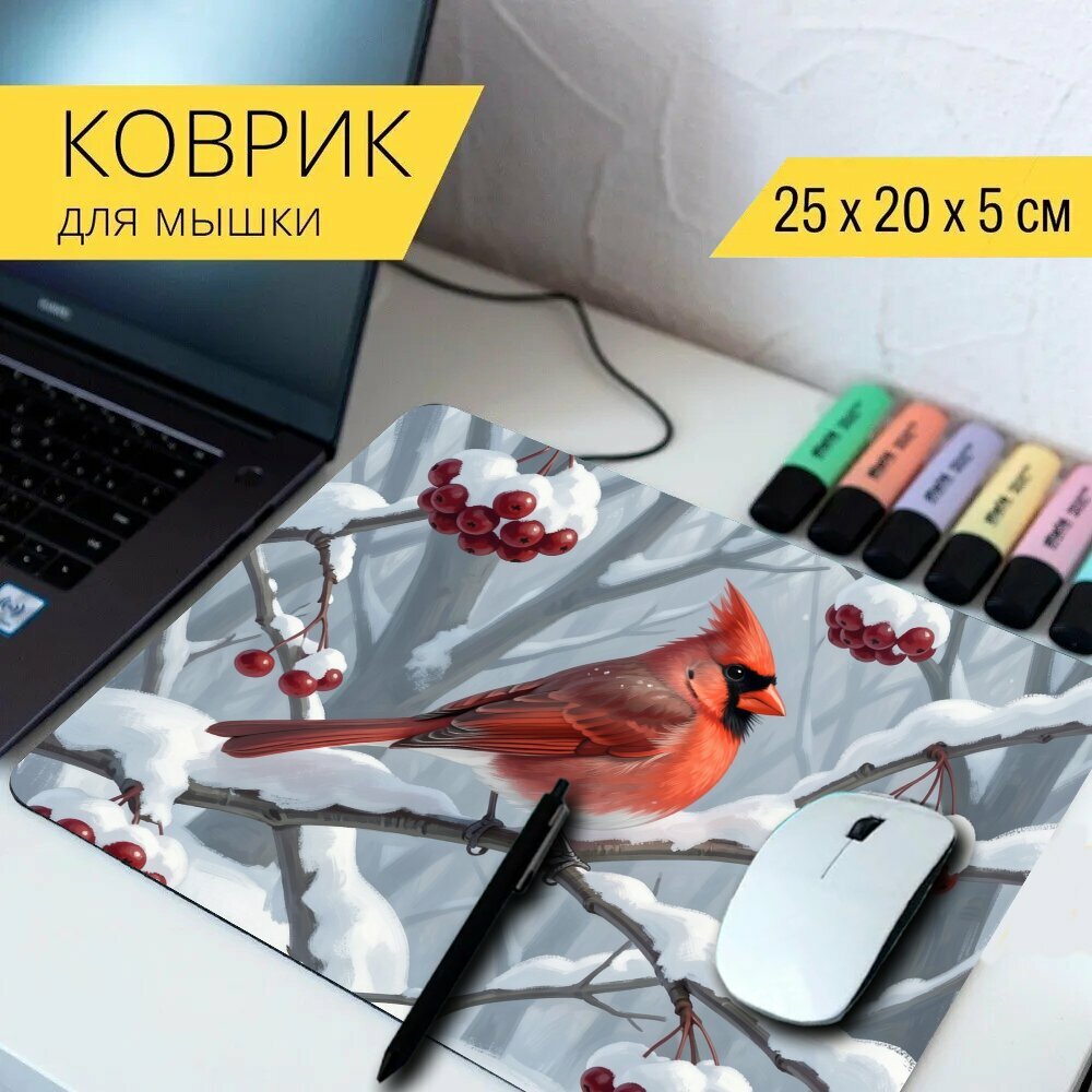 Коврик для мыши с принтом "Красная птица в зимнем лесу. Яркий кардинал на заснеженной ветке среди красных ягод и инея, холодный туманный лес в серо-белых тонах, живописная." 25x20см.