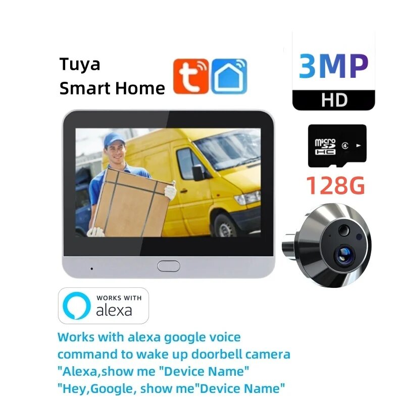 Видеоглазок Tuya Smart 3MP WiFi с Alexa, 128G