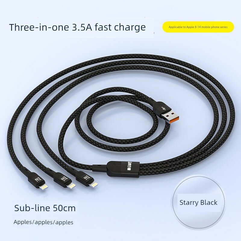 Звездный черный 3-в-1 USB-C кабель для 3 айфонов, 3,5А, длина 120 см, безопасное распределение мощности