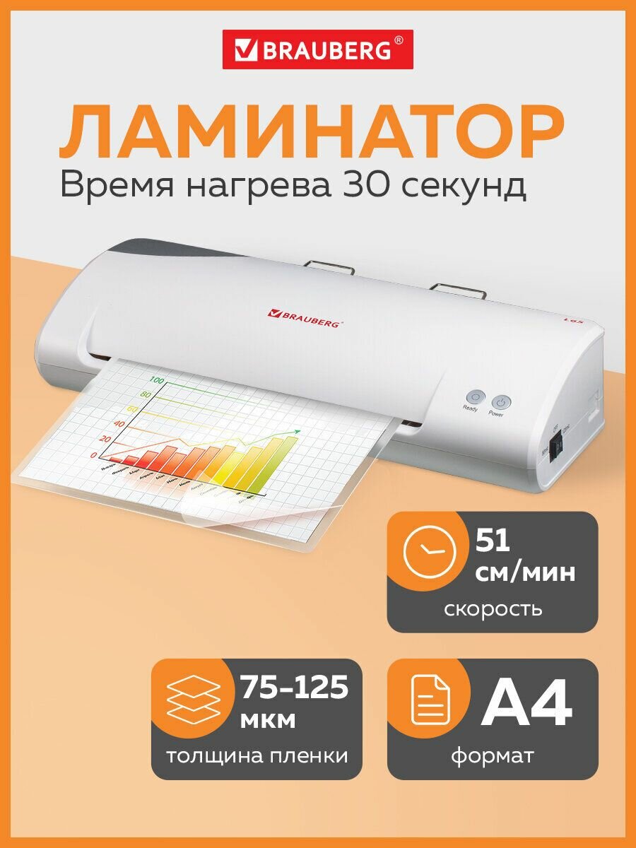Ламинатор бумаги пакетный L65 для дома и офиса, формат А4, толщ. пленки 1 сторона 75-125 мкм, скорость 51 см/мин, для горячего ламинирования, Brauberg