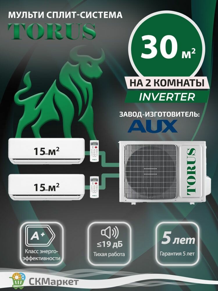 Компактная мульти сплит система кондиционер на 2 комнаты (15+15) кв. м. TORUS AMSN-14/2 (14000 BTU)/AMS-07х2 для помещений от 30 кв. м, инверторный кондиционер, цвет белый