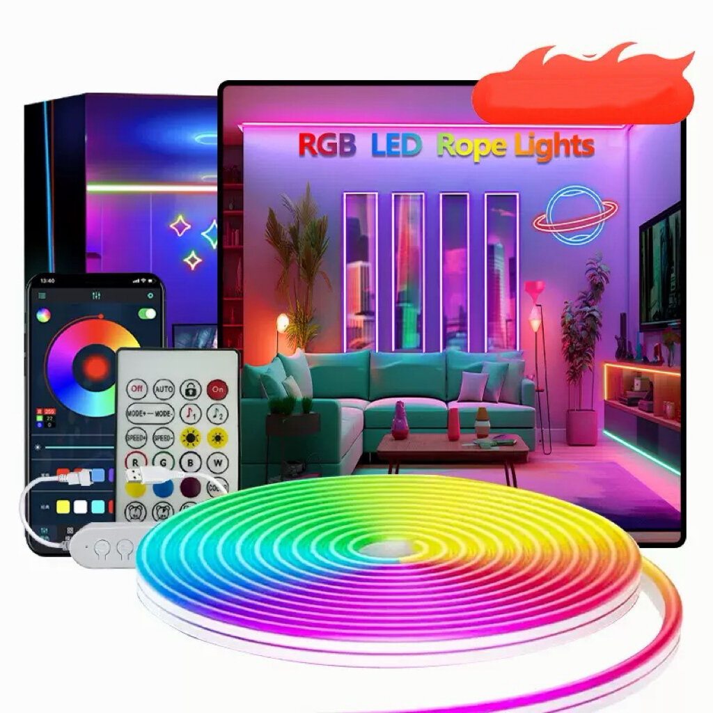 USB-неонная лента RGB, силиконовая светодиодная лента с изменяемыми цветами, Bluetooth, синхронизация с музыкой,