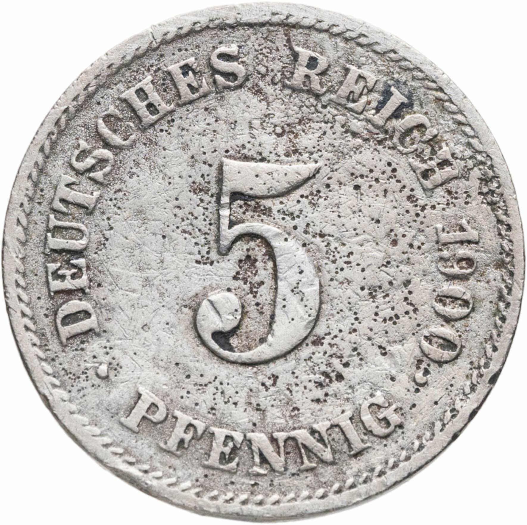 Германия 5 пфеннигов pfennig 1900 E знак монетного двора: "E" - Мульденхюттен, Мельхиор медь-никель, в сохранности F
