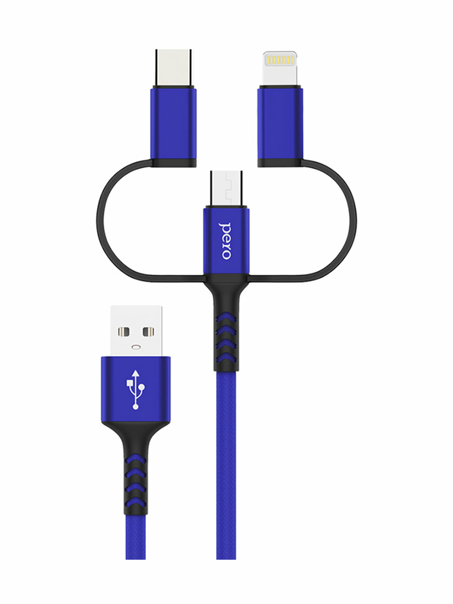 Кабель Pero DC-06 USB / Apple Lightning / microUSB / USB-C 2 м Синий