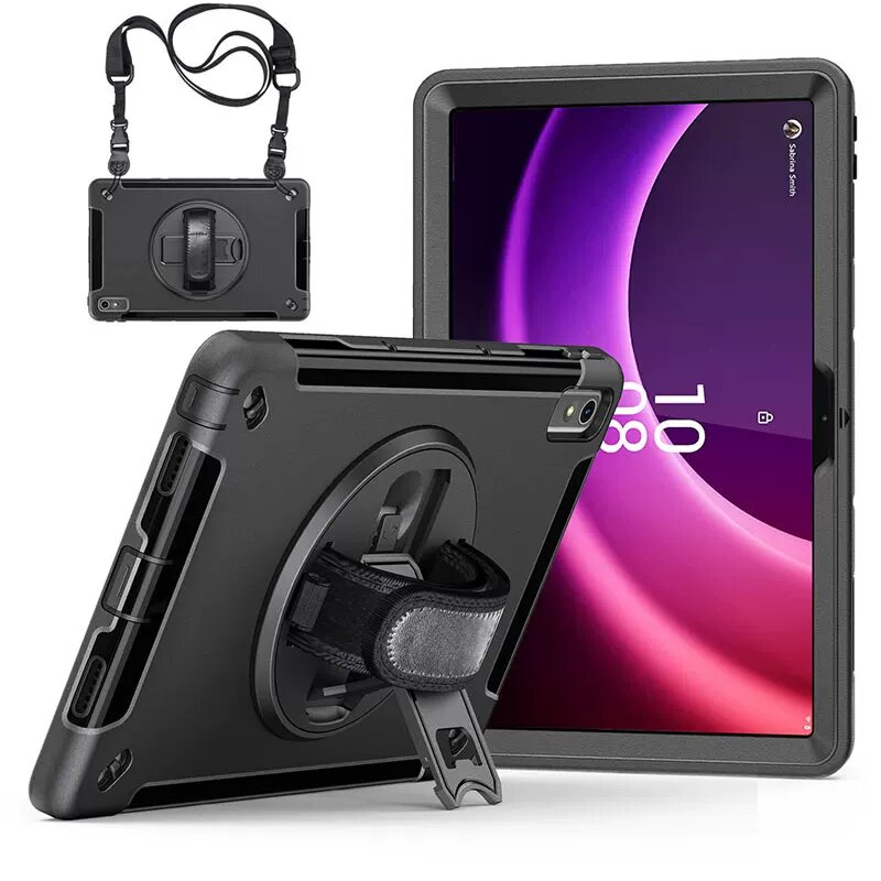 Антиударный чехол для планшета Lenovo XiaoXin Pad Plus 2023 11,5 дюйма, черный с ремнем и вращающейся подставкой