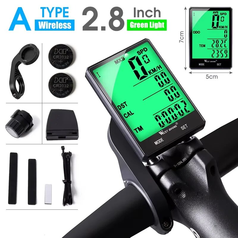 Велокомпьютер West Biking 2.8" Wireless Extension, зеленый свет