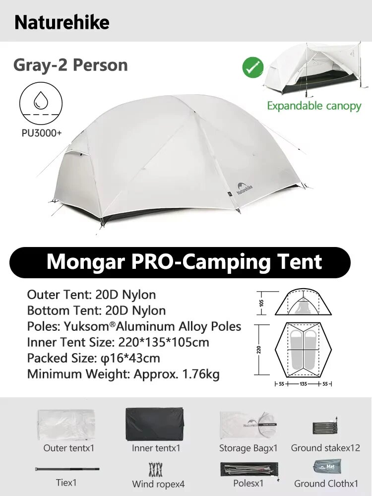 Naturehike Mongar 2 UL/PRO/Base палатку 1-3 человек PRO 2P Gray