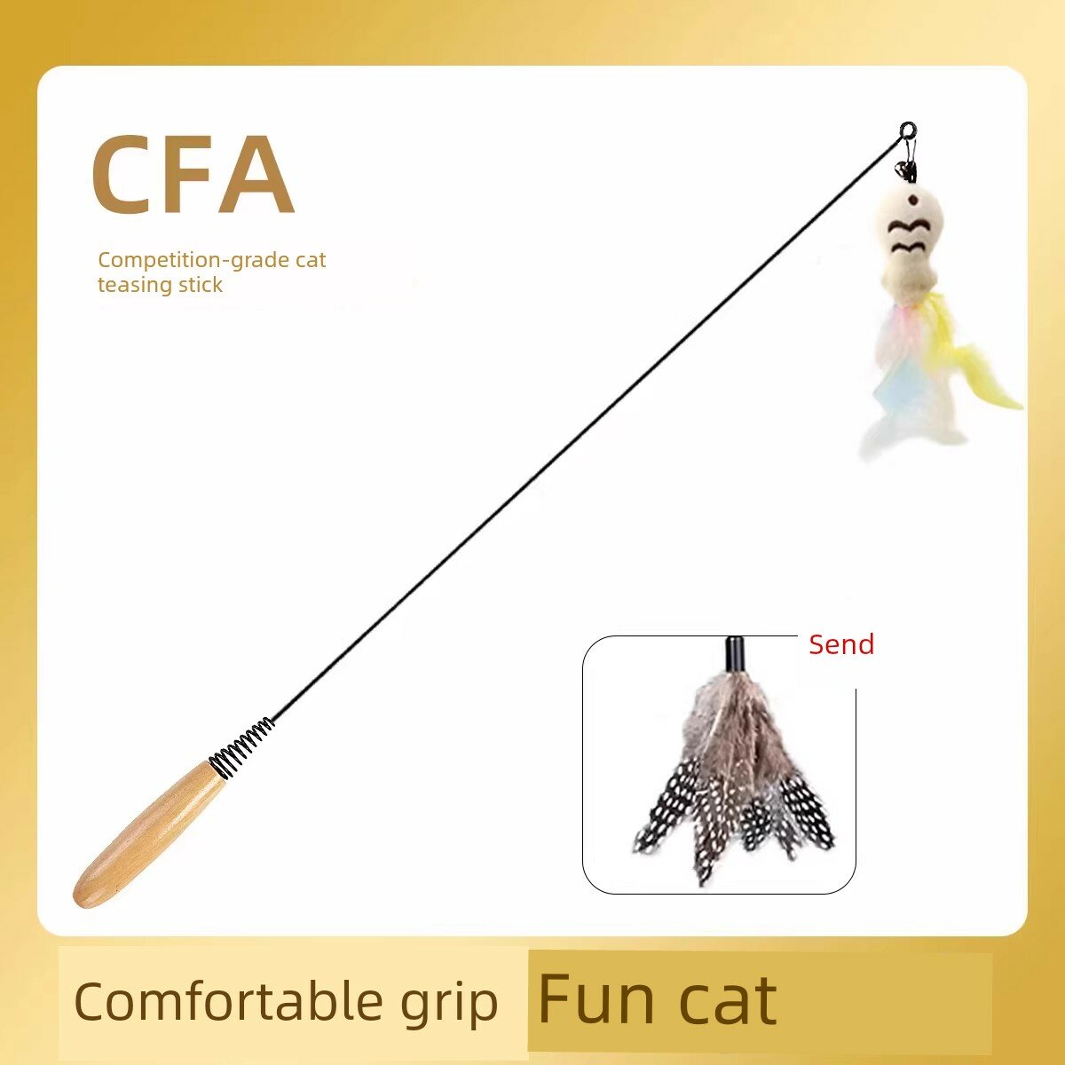 CFA сертифицированный деревянная ручка пружина кошачья игрушка с цветной рыбкой пером набор (2 пера) для котят, прочная