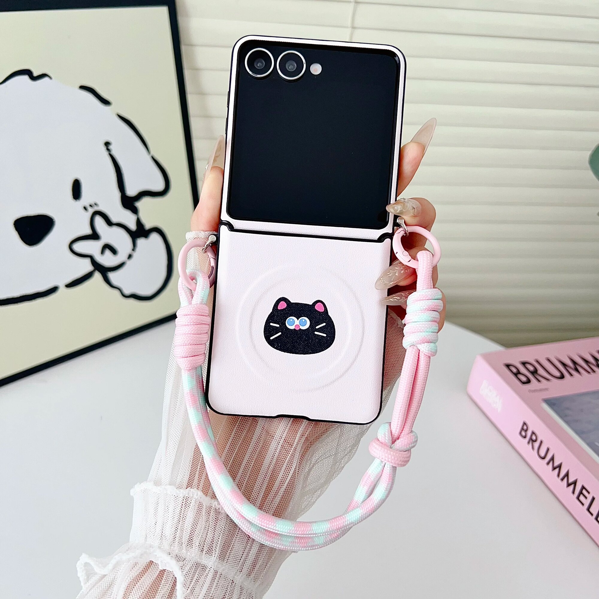 Кожаный Магнитный Чехол-флип Для Samsung Galaxy Z Flip Galaxy Z Flip4, Розовый, Case with strap2