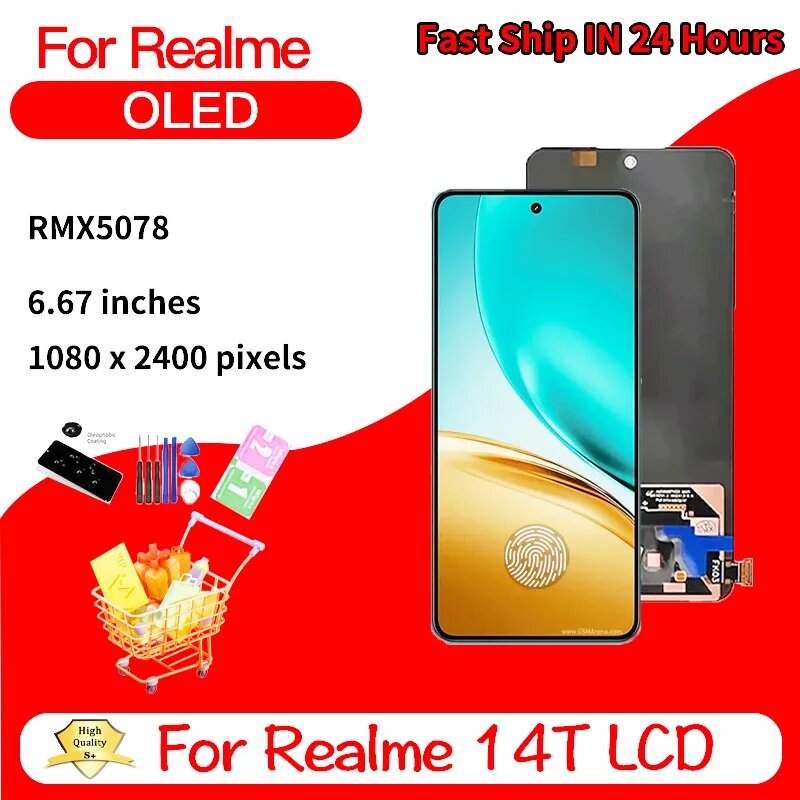 6,67 "OLED для Realme 14T, сенсорный экран, дигитайзер, панель в сборе для Realme 14 T, ЖК-дисплей RMX5078, замена экрана