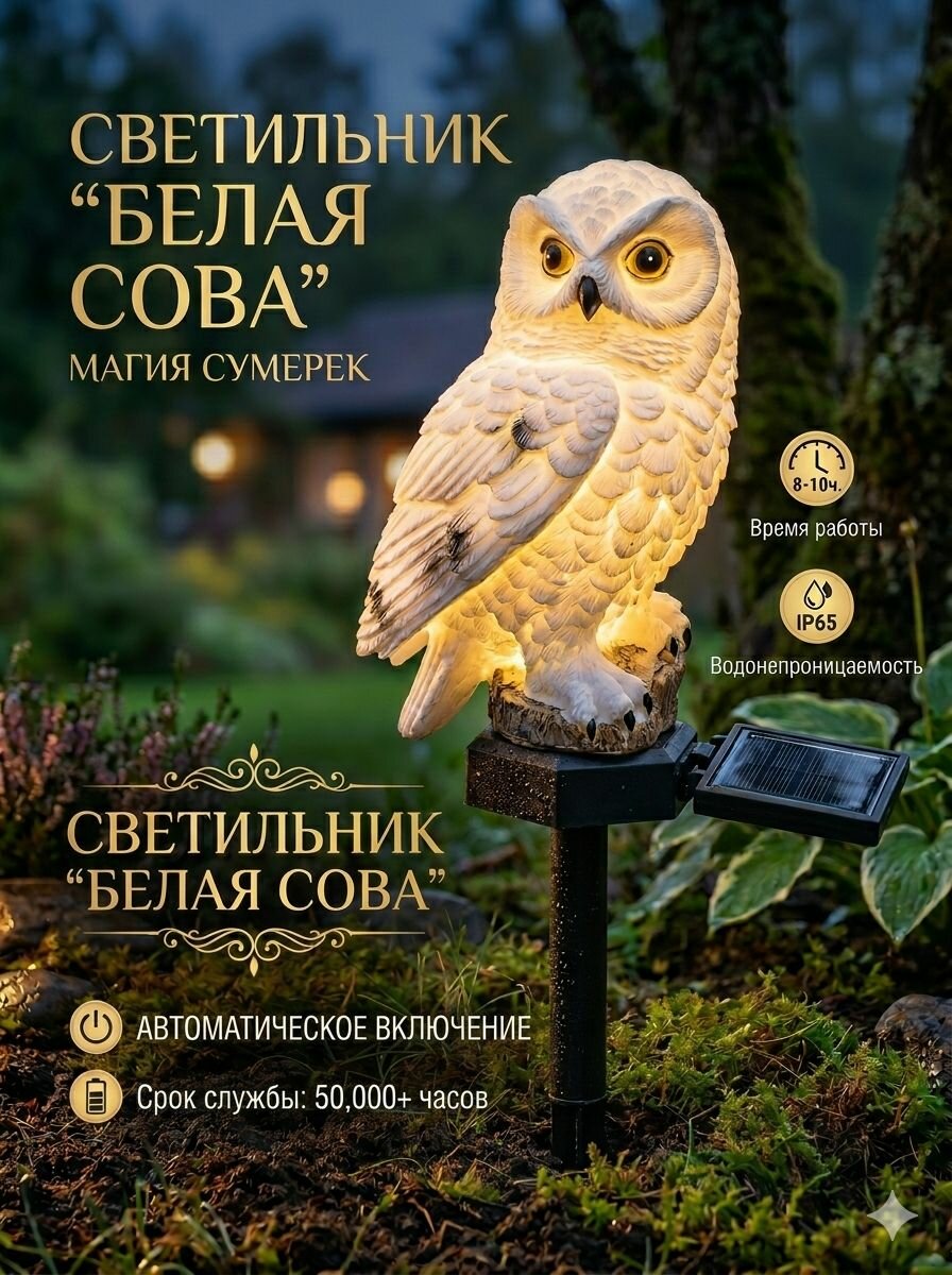Светильник садовый на солнечной батарее Сова белая(сад, подъездная дорожка, двор, парк, садовое освещение) Декоративные солнечные фонари, Статуя фигуры совы