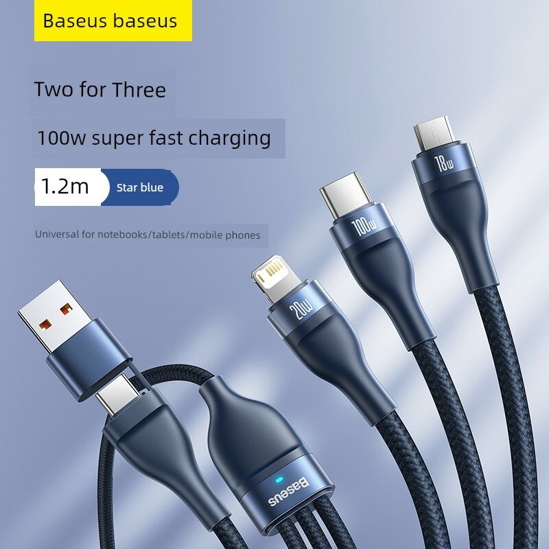 Кабель с быстрой зарядкой 100W PD для iPhone, iPad, Android устройств, 3 в 1, 1.2 м, гавайский синий