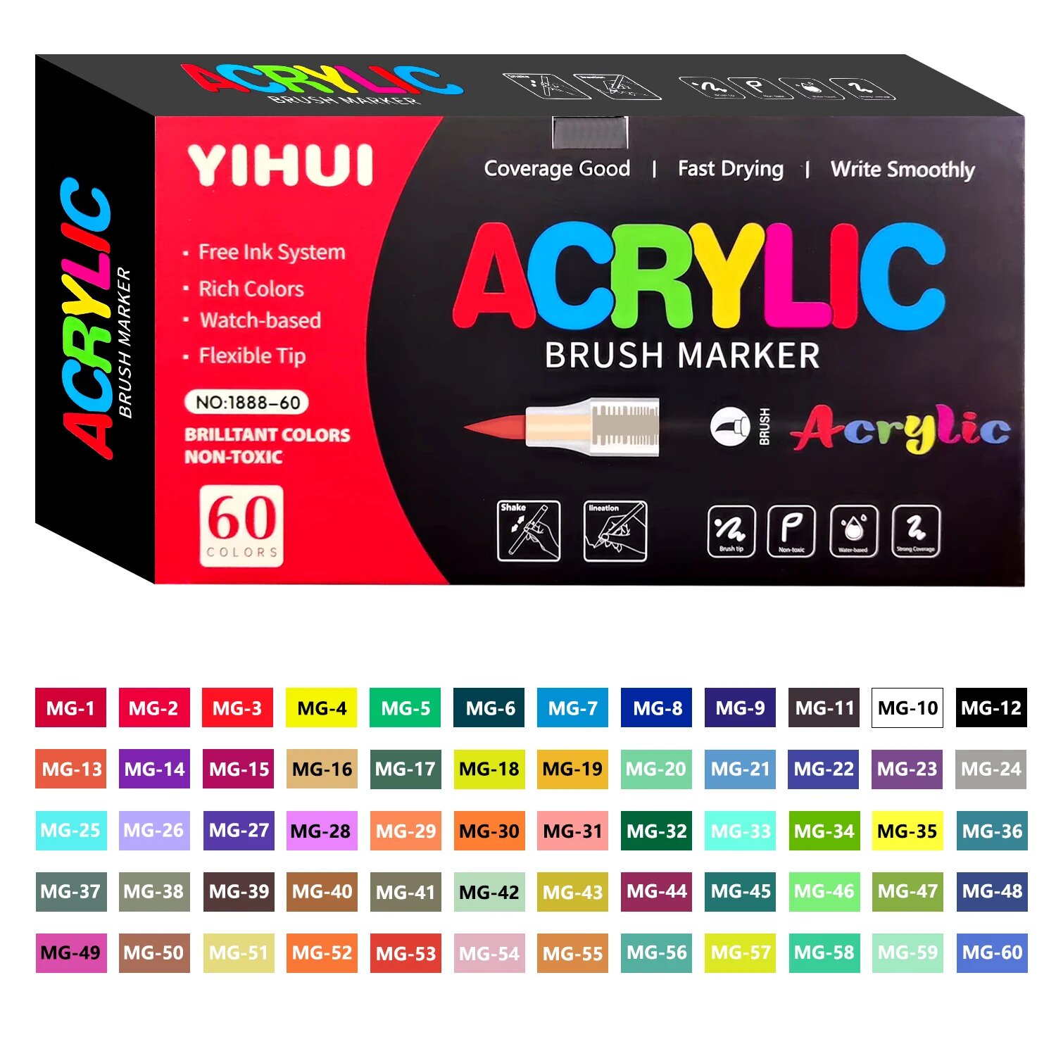 Акриловые маркеры YIHUI 60 цветов, Brush Marker