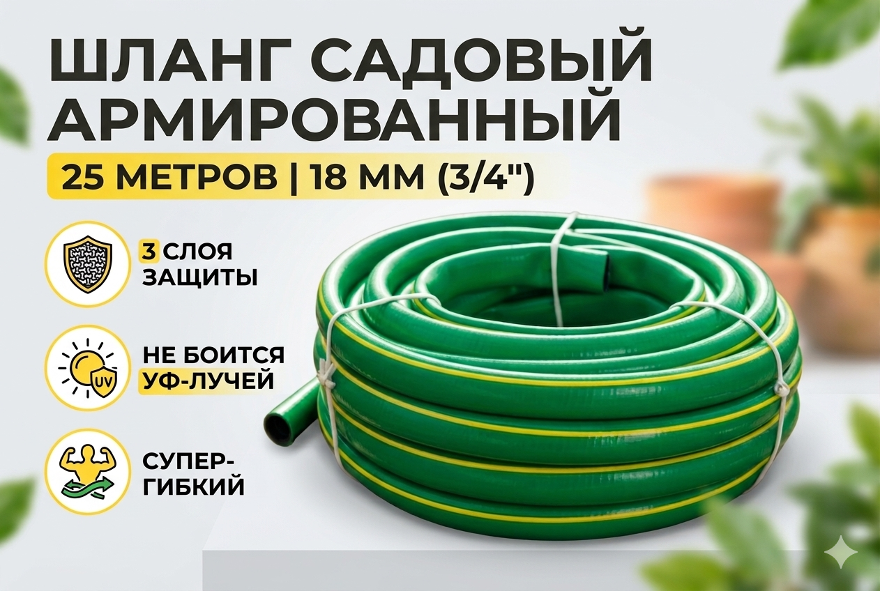 Шланг садовый армированный трехслойный, диаметр 18 мм (3/4"), длина 25 м, с желтой полосой