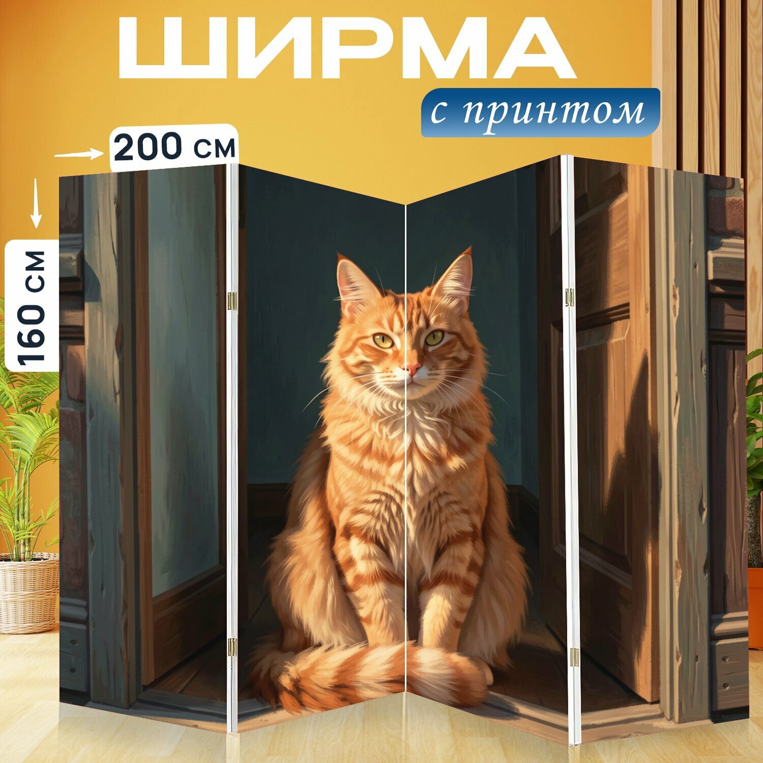 Ширма "Рыжий кот у двери. Пушистый полосатый питомец сидит на пороге в солнечном проёме, тёплая палитра." перегородка для зонирования комнаты с принтом 200x160 см. на холсте