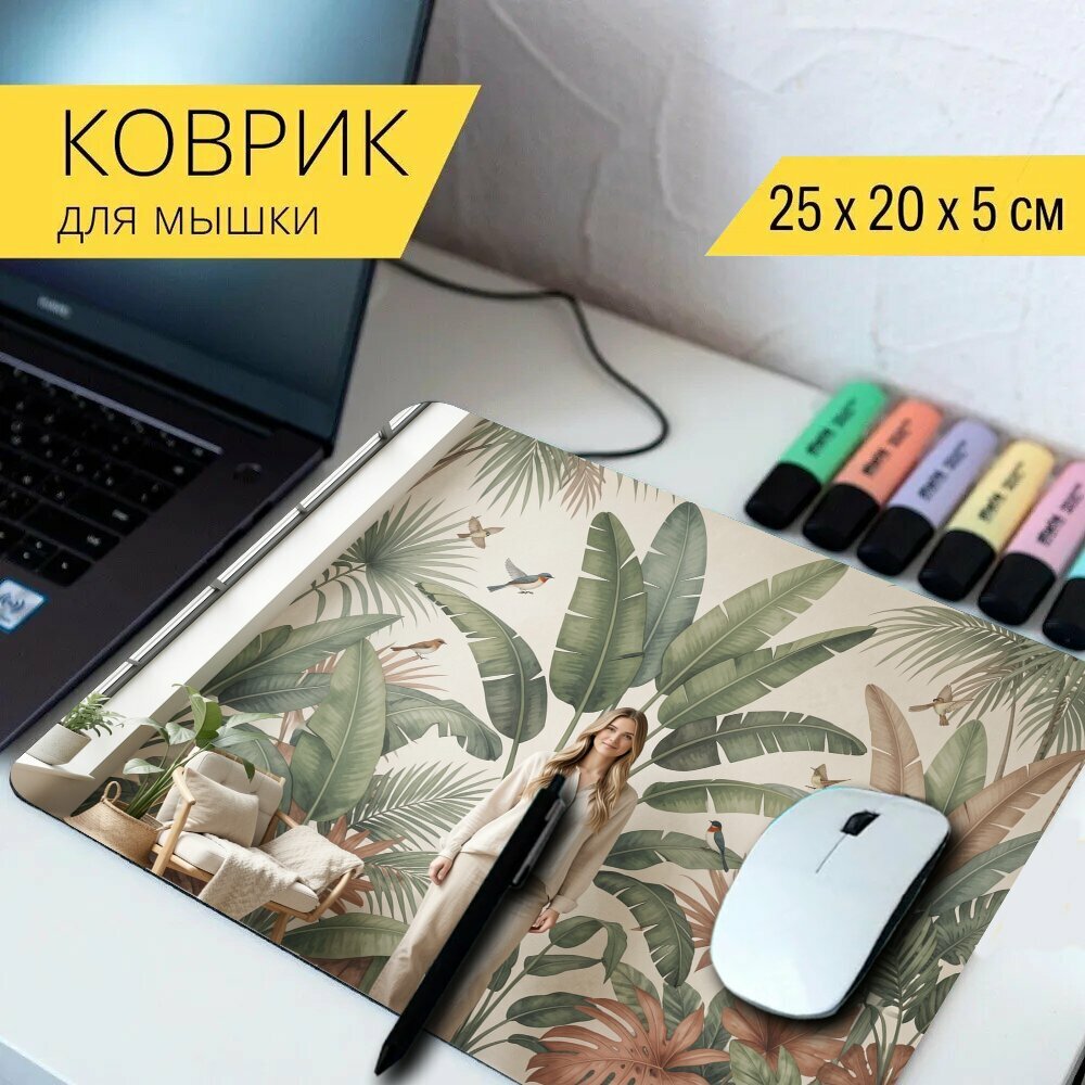 Коврик для мыши с принтом "Тропические листья и птицы. Джунглевый интерьер с крупной листвой, пальмами и экзотическими птичками в мягких зеленых, бежевых и терракотовых." 25x20см.