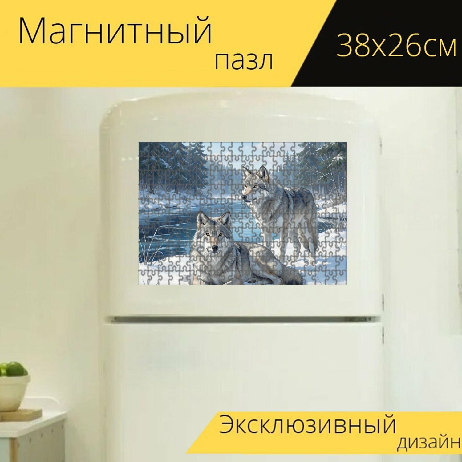 Магнитный пазл "Волки у зимней реки. Реалистичная сцена с двумя серыми хищниками на заснеженном берегу среди хвойного леса и ледяной воды. Холодные голубые." для интерьера, 38х26 см.