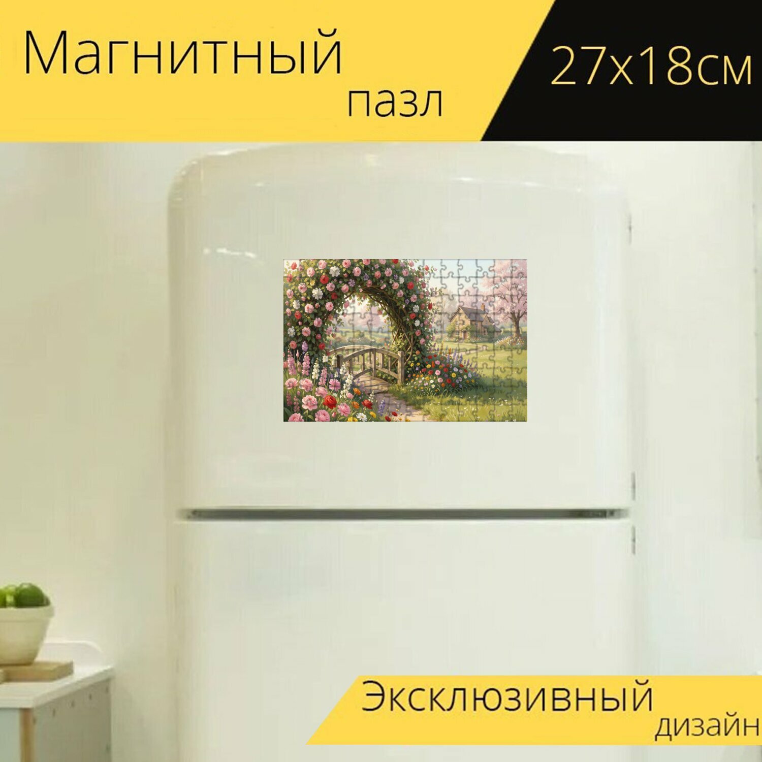 Магнитный пазл "Цветочный сад с аркой и домом. Живописная весенняя сцена в нежных пастельных тонах: пышные розы, полевые цветы, зеленые луга, деревянная." на холодильник 27 x 18 см.