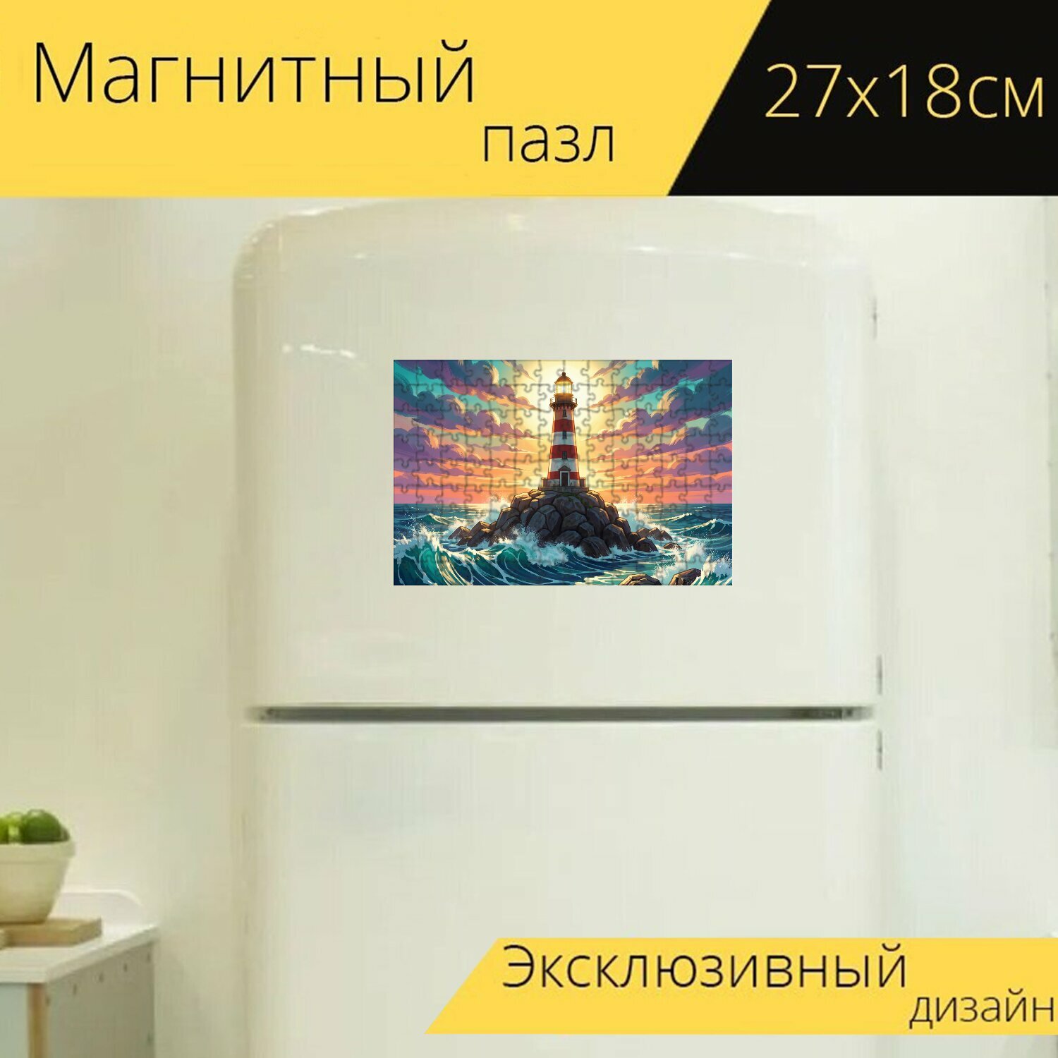 Магнитный пазл "Маяк на скалистом берегу. Живописный морской пейзаж в яркой цифровой живописи: башня с красно-белыми полосами на каменном утёсе, волны с." на холодильник 27 x 18 см.