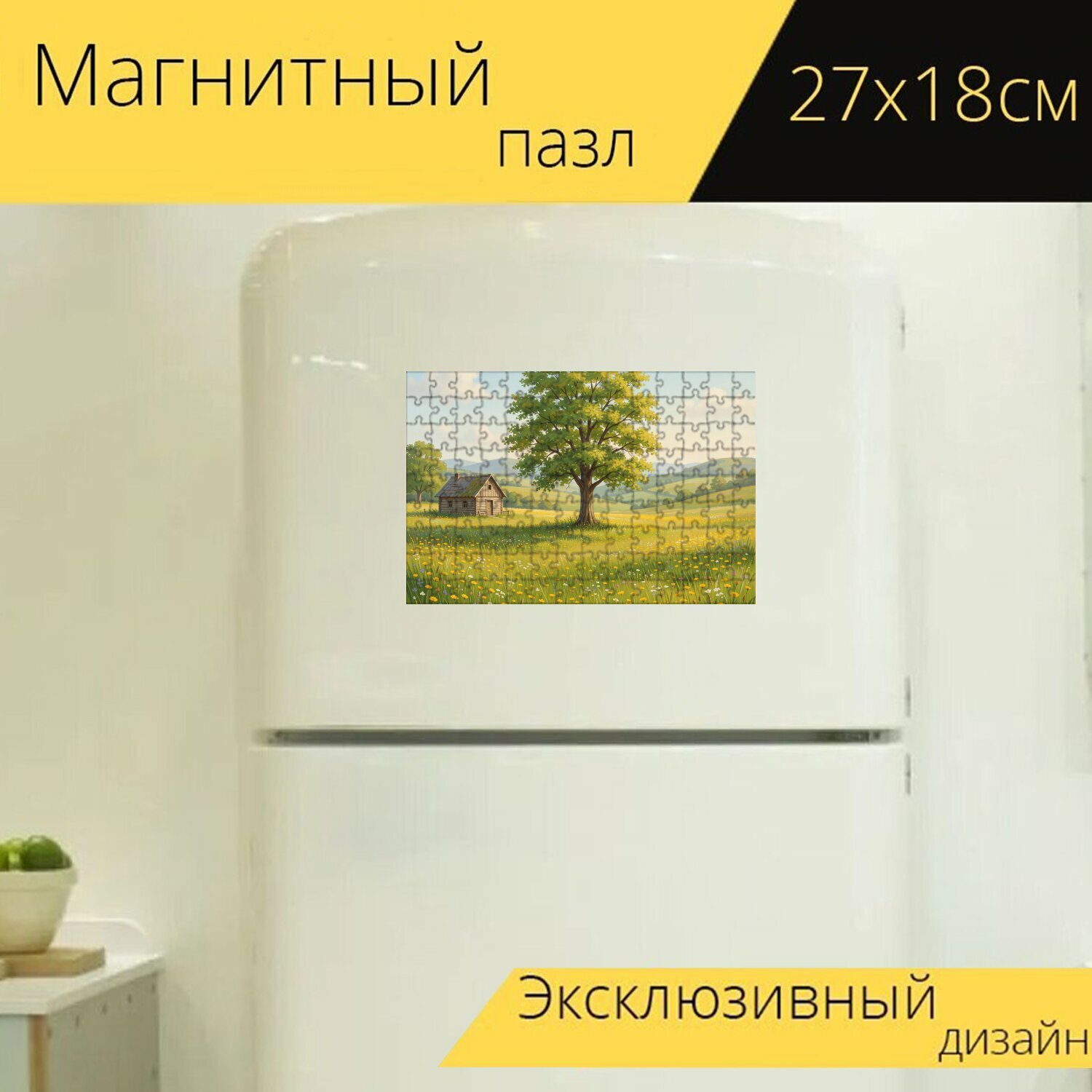 Магнитный пазл "Летний луг с деревом и домом. Солнечная деревенская панорама в мягкой живописной манере: раскидистый дуб, маленький деревянный домик." на холодильник 27 x 18 см.