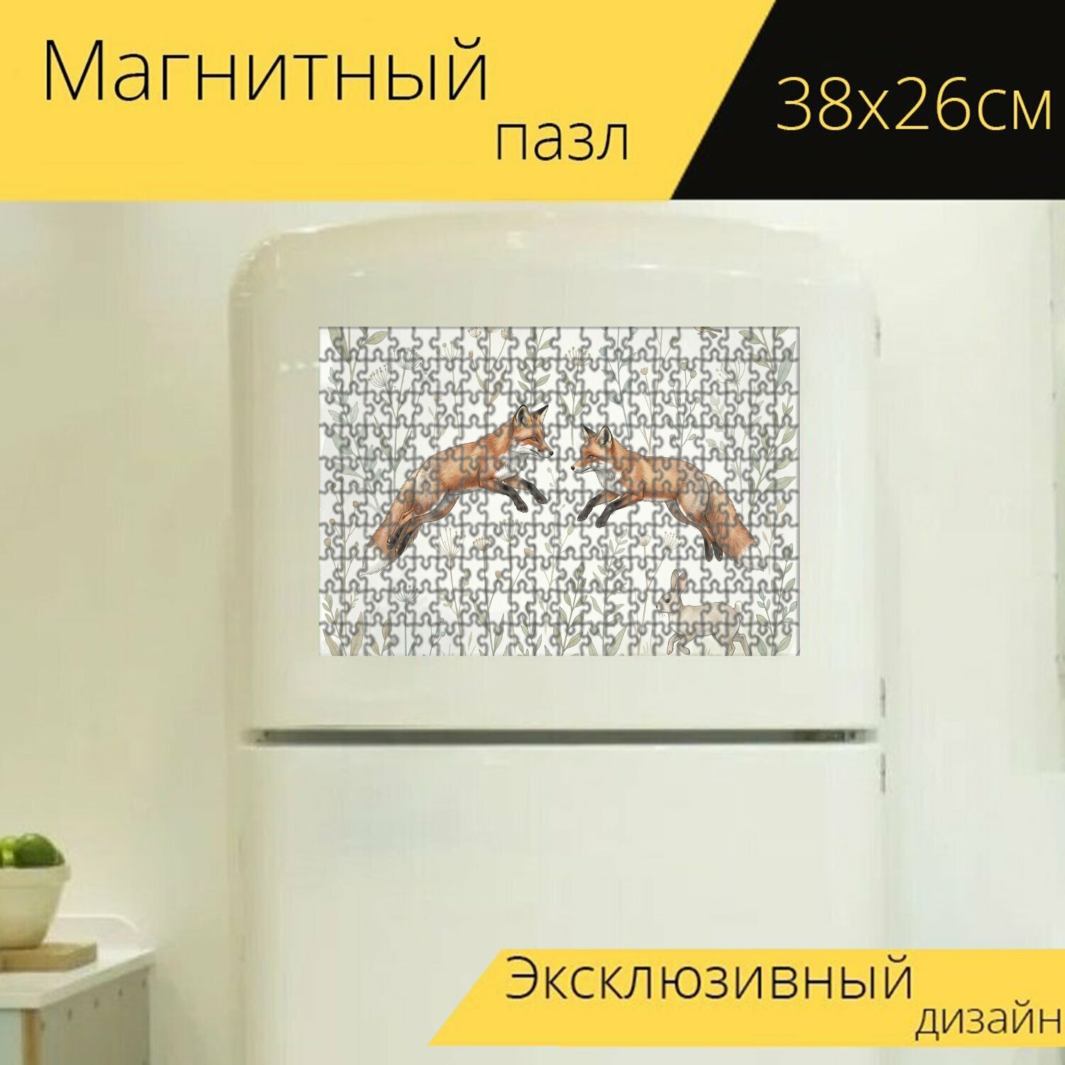 Магнитный пазл "Лисы, зайчонок и птицы в траве. Нежная акварельная лесная сцена в пастельных тонах: два рыжих лиса в прыжке, маленький кролик у гнезда с." для интерьера, 38х26 см.