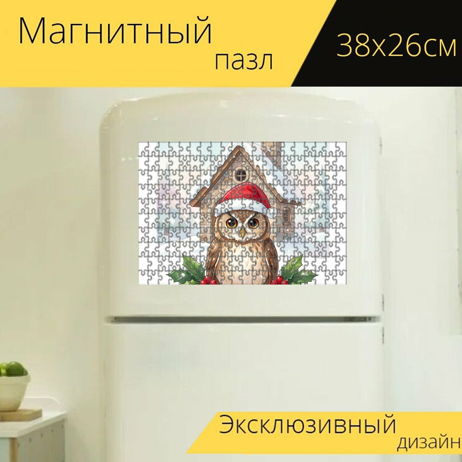 Магнитный пазл "Сова в новогодней шапке. Милая зимняя иллюстрация: пушистая ночная птица в праздничном красном колпаке сидит на снегу у каменного домика." для интерьера, 38х26 см.