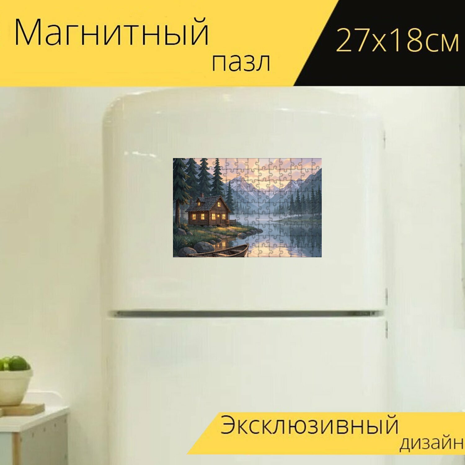 Магнитный пазл "Уютный дом у горного озера. Живописная альпийская долина с деревянной избой, лодкой у берега, соснами и заснеженными вершинами." на холодильник 27 x 18 см.