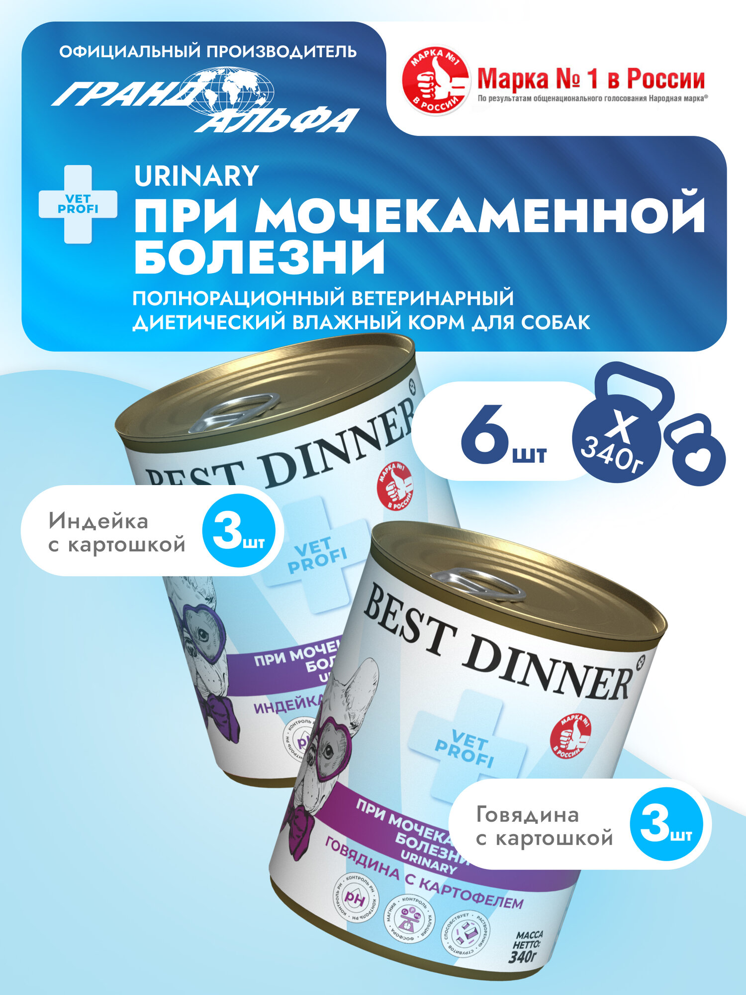 Влажный диетический корм Best Dinner Vet Profi (Бест Диннер) Urinary для собак при мочекаменной болезни Ассорти (6шт х 340гр)