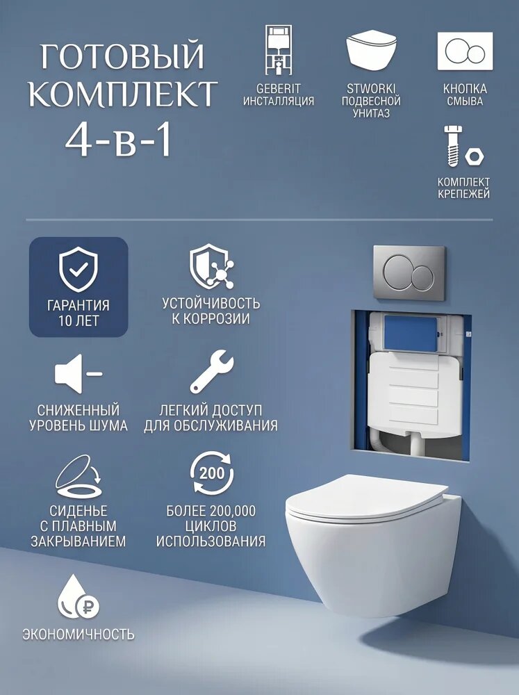 Комплект 4 в 1: Инсталляция Geberit Duofix UP 320 111.300.00.5 (111.950.00.6) / Унитаз подвесной STWORKI Кронборг S28401WH безободковый, с микролифтом / Комплект креплений, Кнопка Geberit Sigma 01 115.770. JQ.5, матовый хром